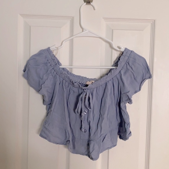 Lottie Moss | Tops | Light Blue Ruffle Off The Shoulder Crop Top | Poshmark
